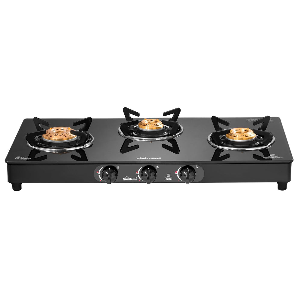 Crystal 3 Burner Gas Stove | 1 Medium and 2 Small Brass Burners |Tough ...