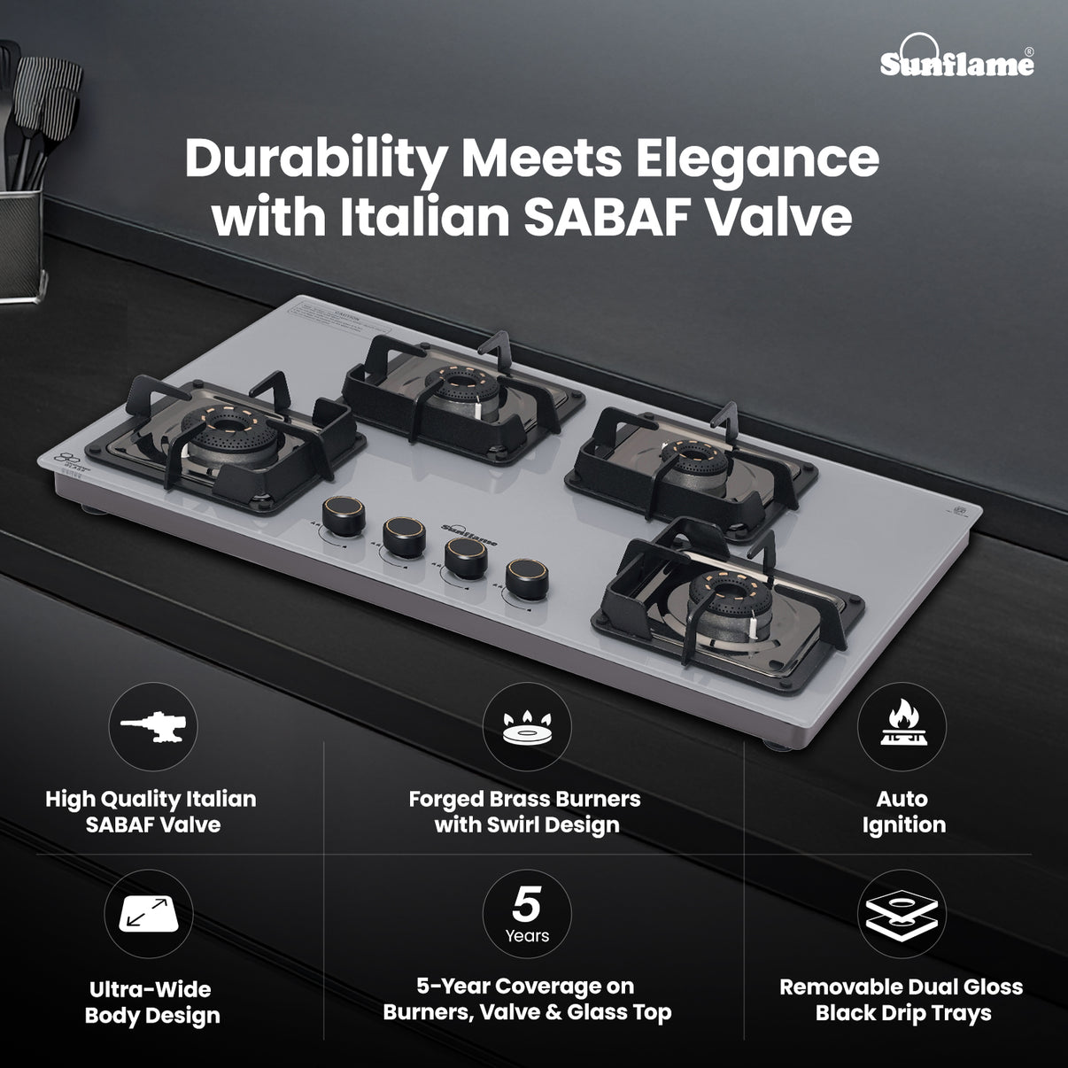 Ultra-Slim Grey 4 Burner Countertop Hob 80 cm Wide | Italian SABAF Val ...