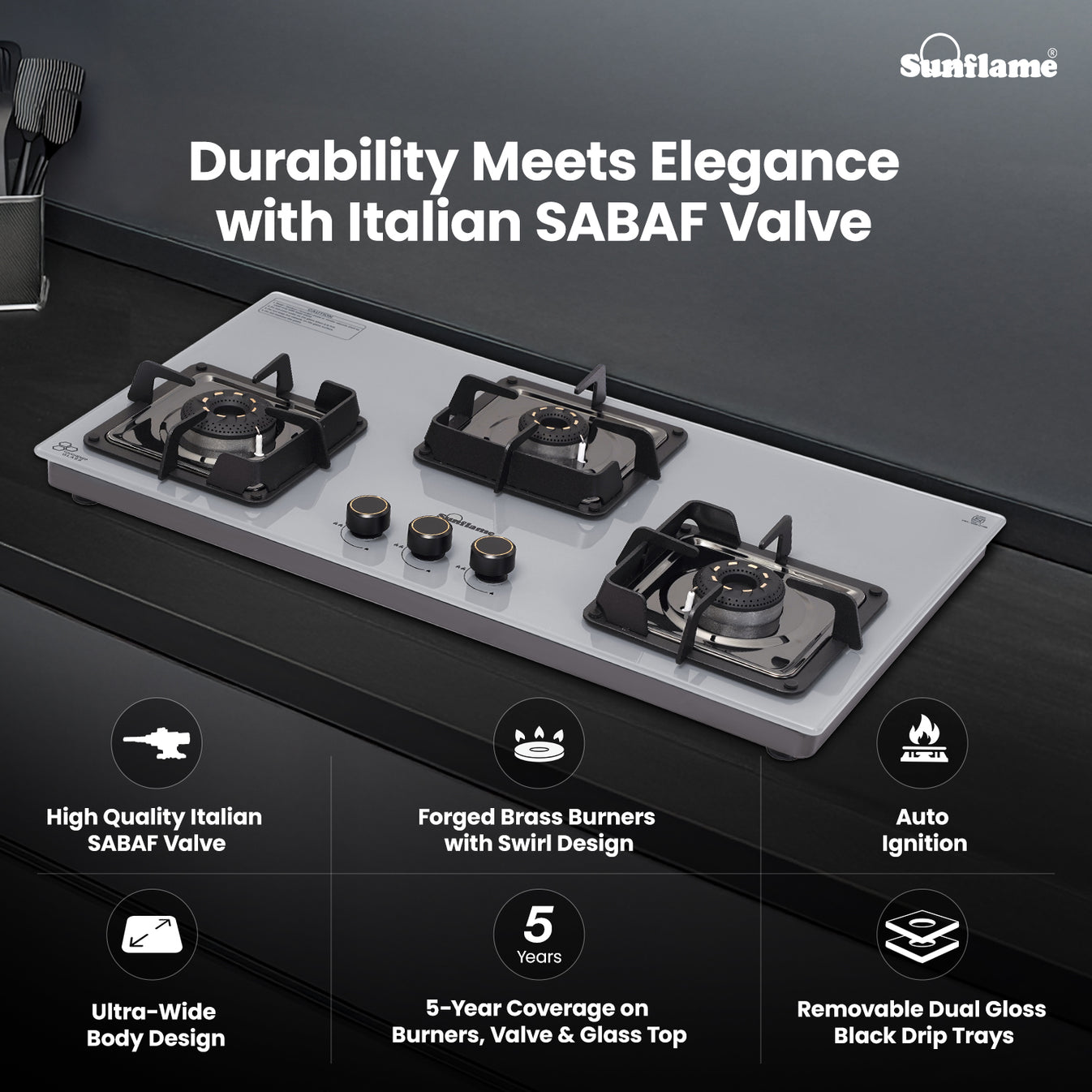 Ultra-Slim Grey 3 Burner Countertop Hob 80 cm Wide | Italian SABAF Val ...