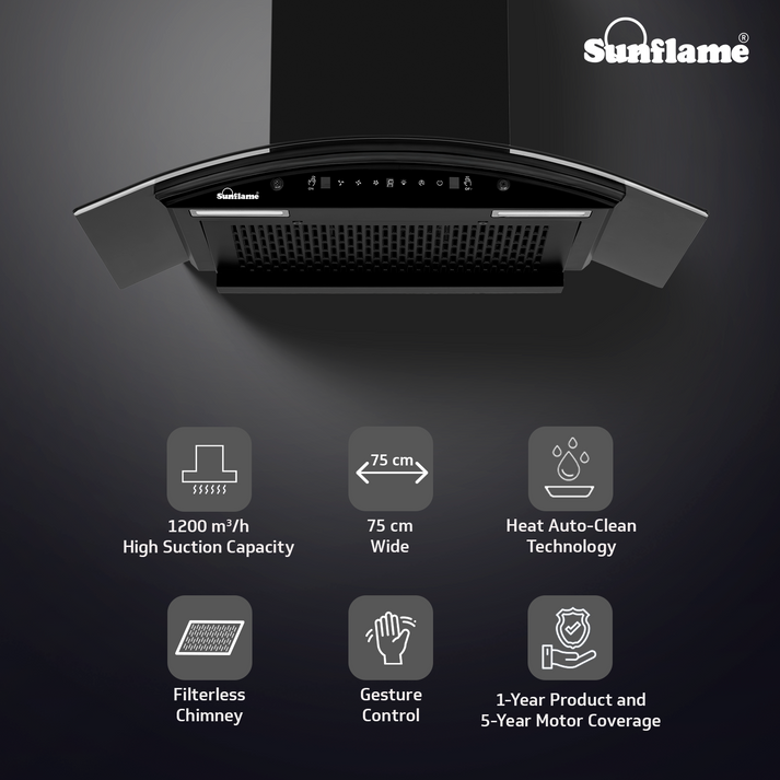 Sunflame Roma 75 cm Filterless Auto-Clean Chimney | 1200 m³/h High Suc ...
